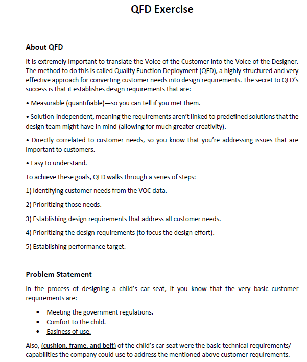 Solved QFD Exercise About QFD It is extremely important to | Chegg.com