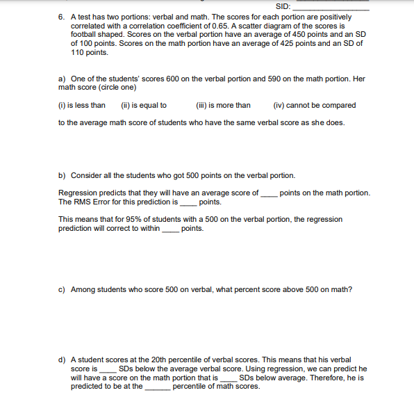 SID: 6. A test has two portions: verbal and math. The | Chegg.com