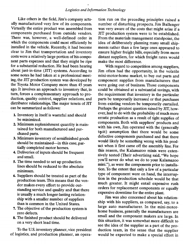 Solved Case 2 Just-in-Time in Kalamazoo Jim Ballenger was | Chegg.com