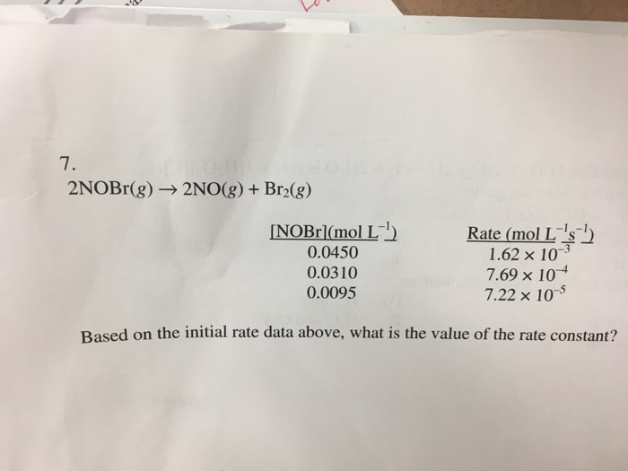 Solved 7. 2NOBr(g) → 2NO(g) + Br2(g) Rate (mol L 's1 1.62 × | Chegg.com