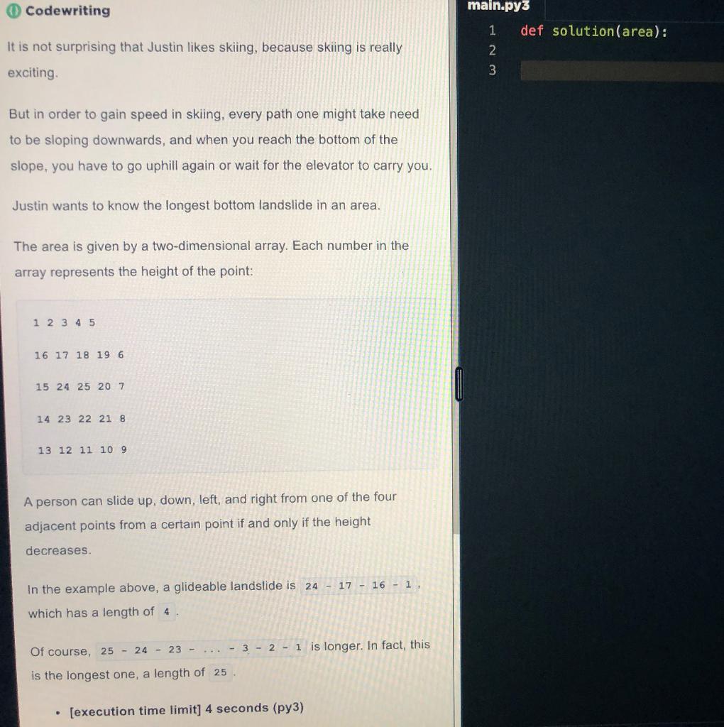 Solved Codewriting main.py3 1 def solution( area): 2 It is | Chegg.com