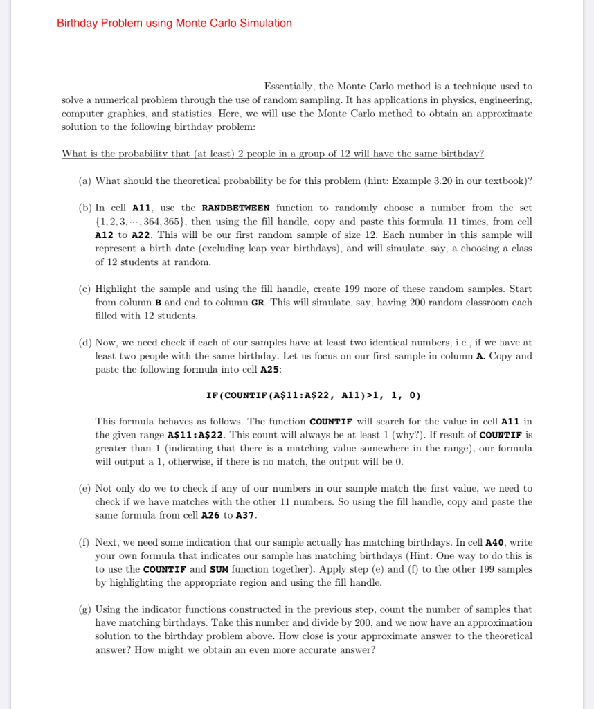 Birthday Problem using Monte Carlo Simulation | Chegg.com