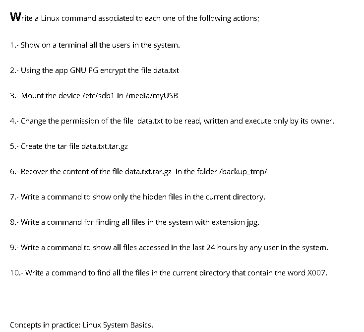 Solved Write a Linux command associated to each one of the | Chegg.com