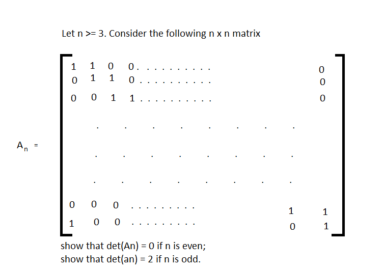Solved Let n≥3. Consider the following n x n matrixshow | Chegg.com Solved Let n≥3. Consider the following n x n matrixshow | Chegg.com