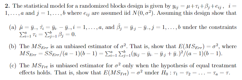 Solved 2. The statistical model for a randomized blocks | Chegg.com