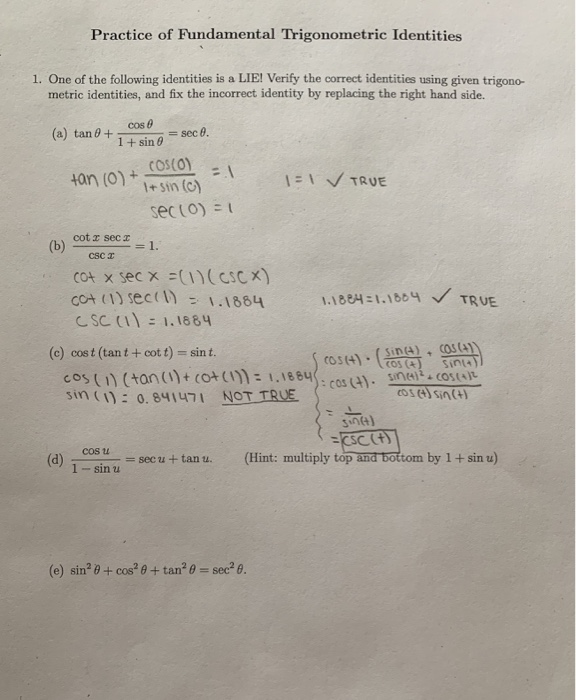 Solved Practice of Fundamental Trigonometric Identities 1. | Chegg.com