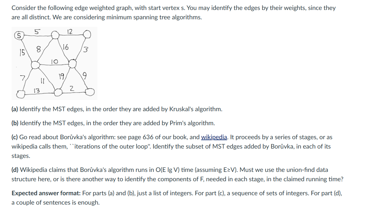 Solved Consider the following edge weighted graph, with | Chegg.com