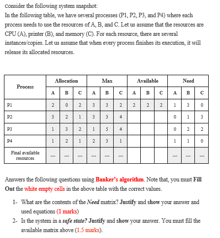 Solved Consider the following system snapshot: In the | Chegg.com