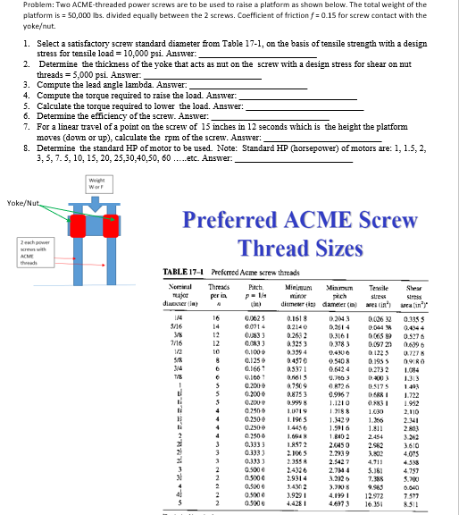 Solved Problem: TWO ACME-threaded power screws are to be | Chegg.com