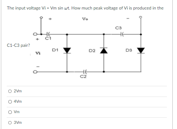 Solved The input voltage Vi=Vmsinωt. How much peak voltage | Chegg.com
