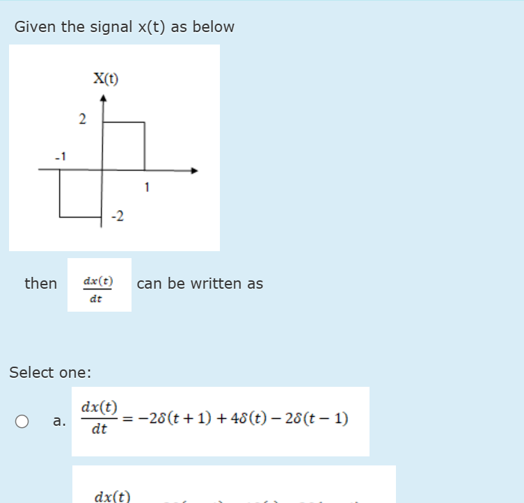 Solved Given the signal x(t) ﻿as belowthen dx(t)dt ﻿can be | Chegg.com