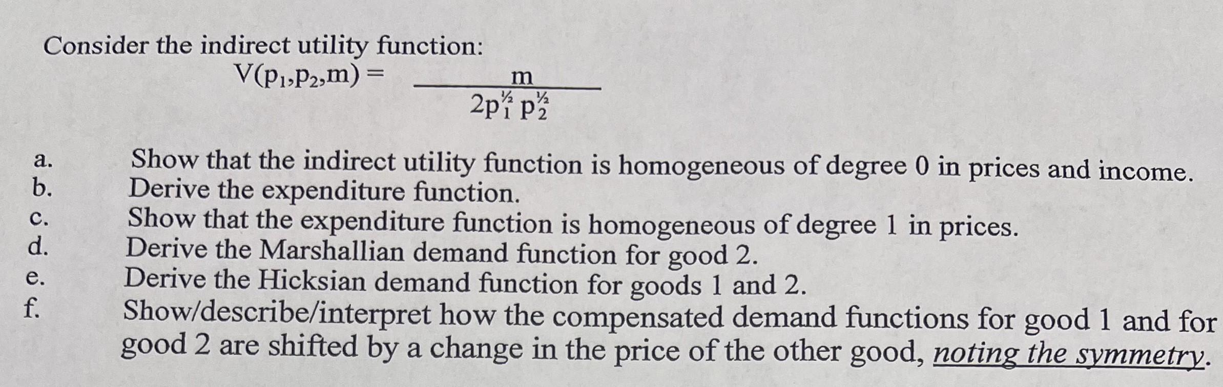 Consider the indirect utility function: V(p1,p2, | Chegg.com
