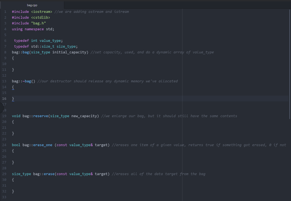 Solved Your assignment, Implement the bag type (.cpp file) | Chegg.com
