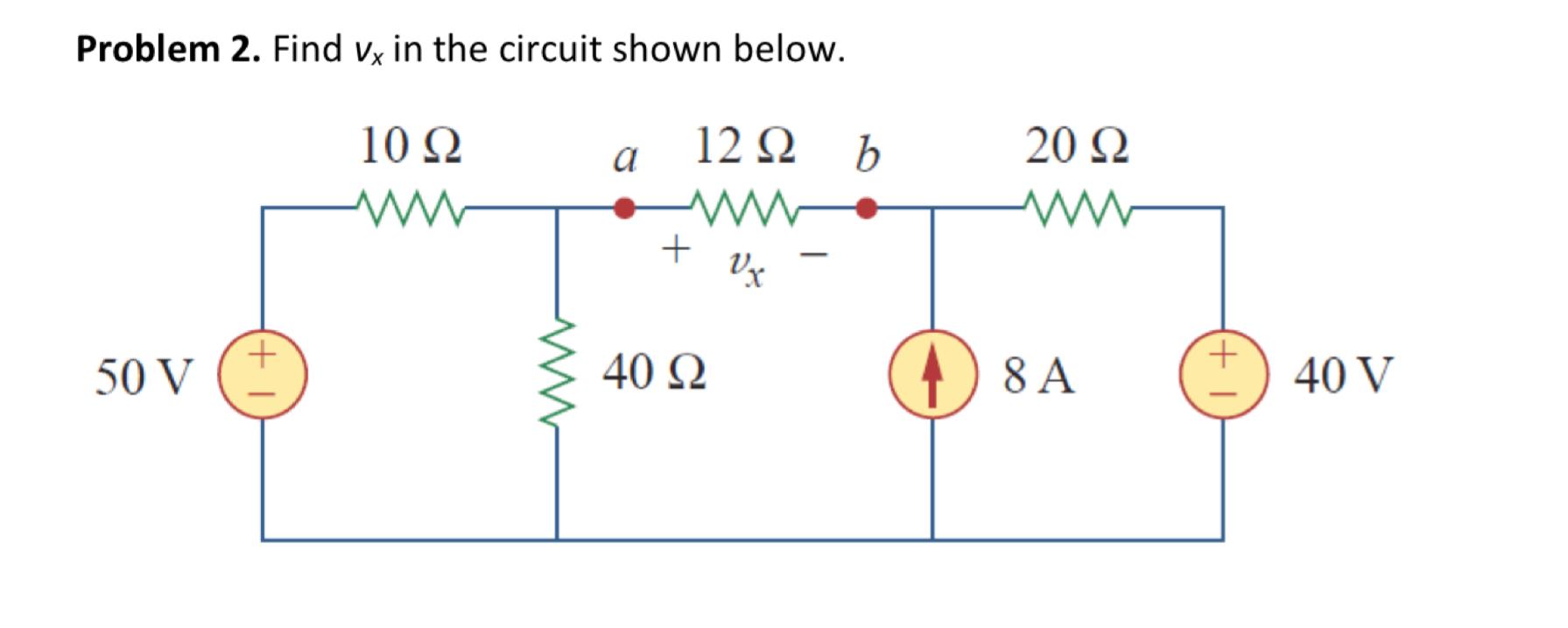 Solved Problem 2. Find vx in the circuit shown below. b 20 Ω | Chegg.com