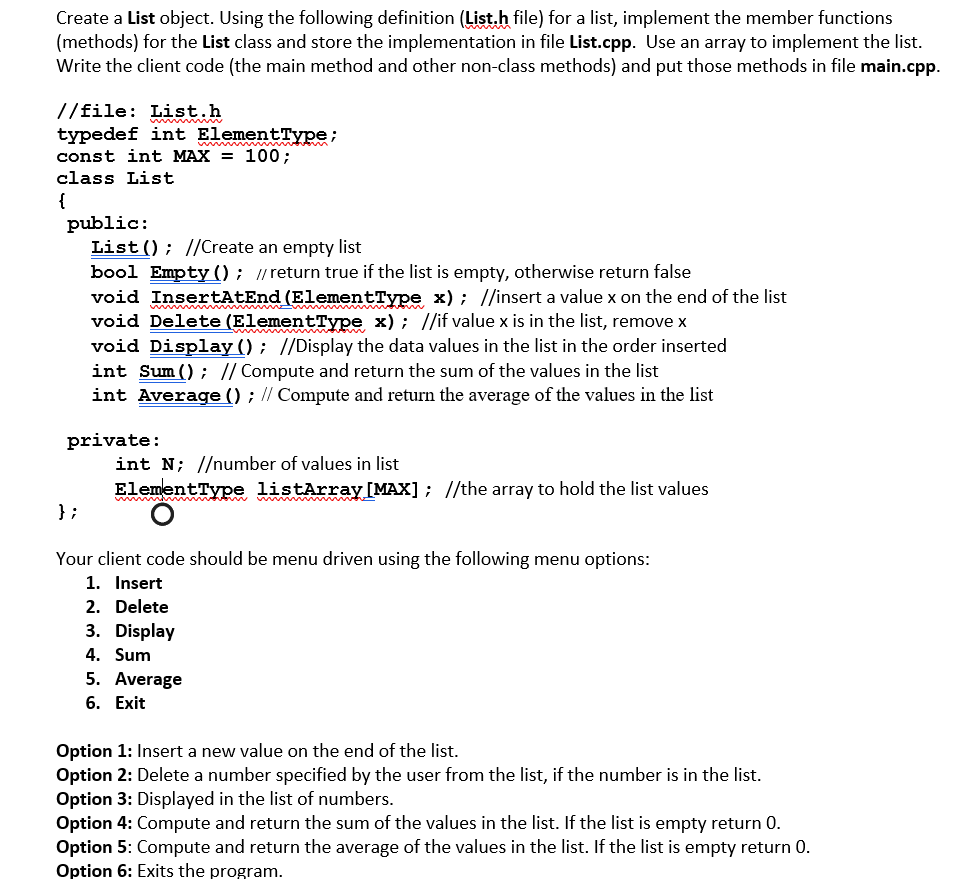 Solved Create a List object. Using the following definition | Chegg.com