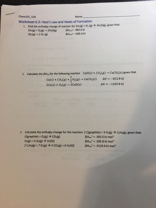 Solved Chem101 S18 Worksheet 6.3: Hess's Law and Heats of | Chegg.com