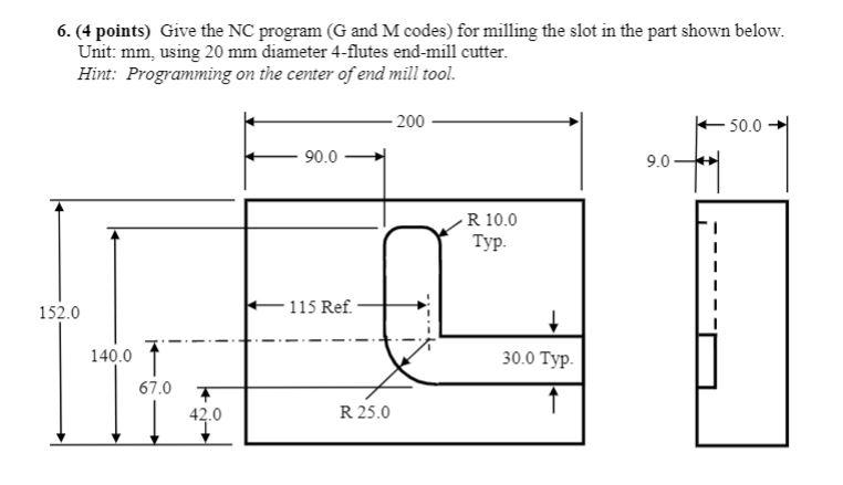 Solved 6.(4 points) Give the NC program G and M codes) for | Chegg.com