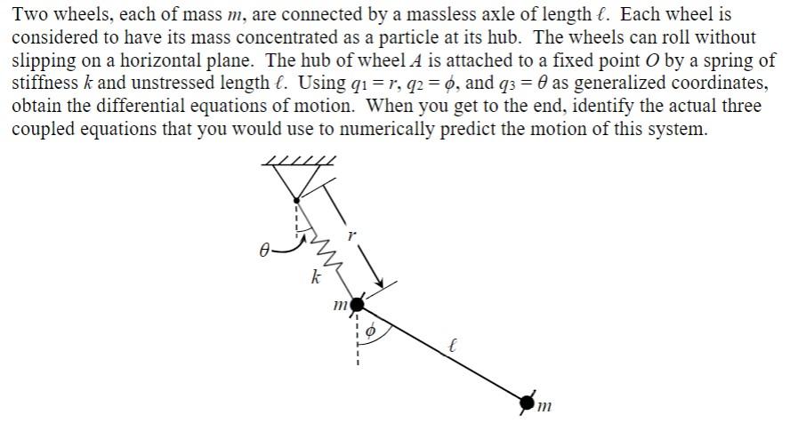 Solved Two wheels, each of mass m, are connected by a | Chegg.com