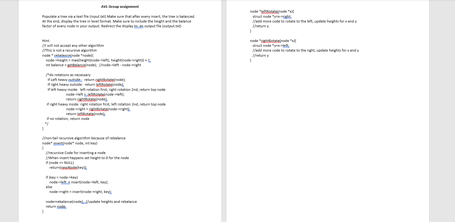 Solved AVL Group assignment Populate a tree via a text file | Chegg.com