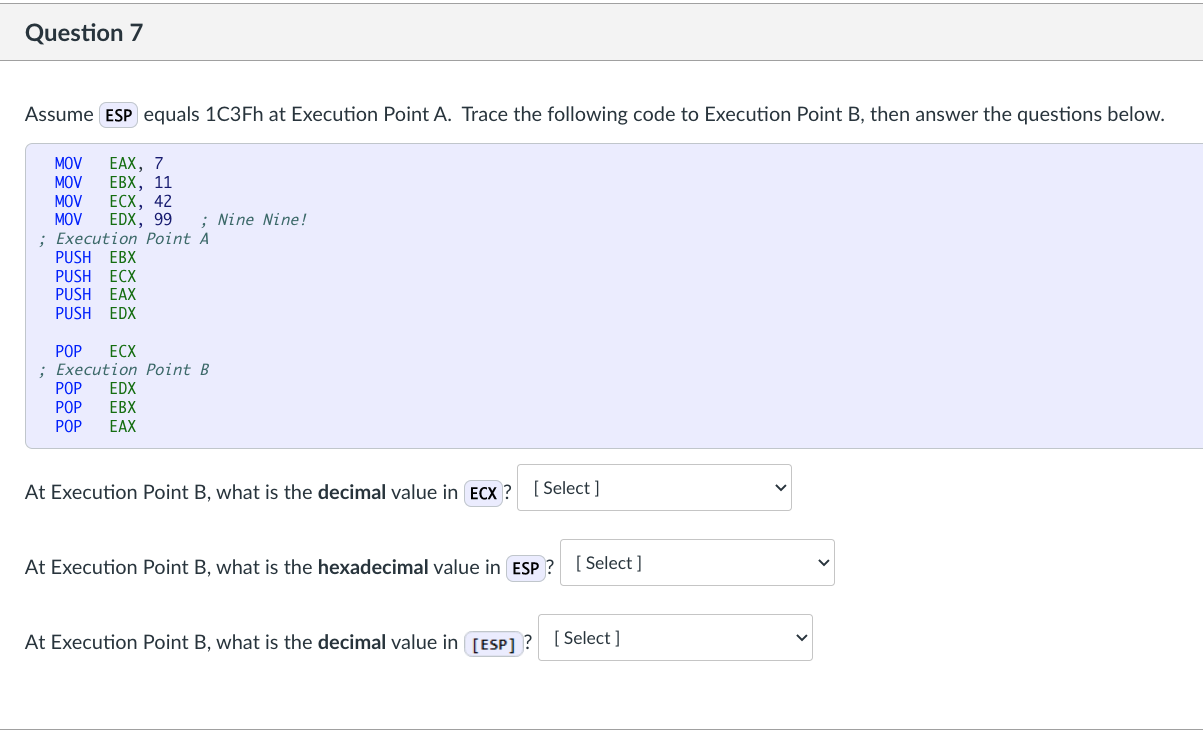Solved Assume equals 1C3Fh at Execution Point A. Trace the | Chegg.com
