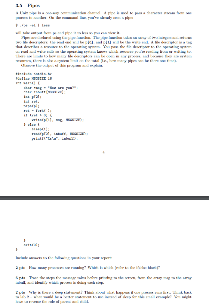 Solved 3.5 Pipes A Unix pipe is a one-way communication | Chegg.com