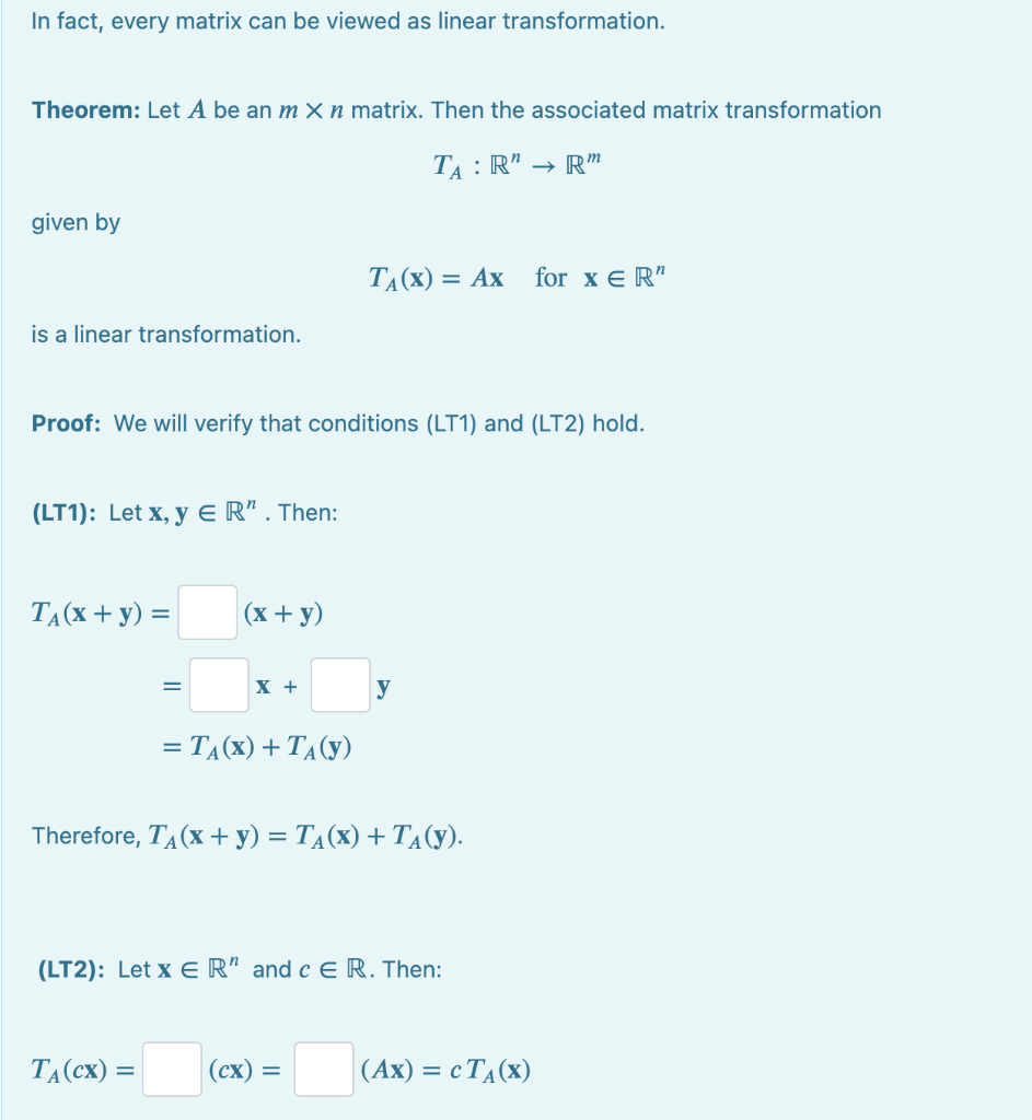 Solved Example: If TA is a matrix transformation where A is | Chegg.com
