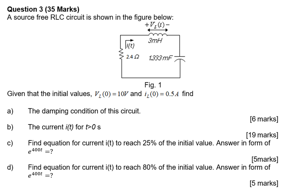 Solved Question 3 (35 Marks) A source free RLC circuit is | Chegg.com