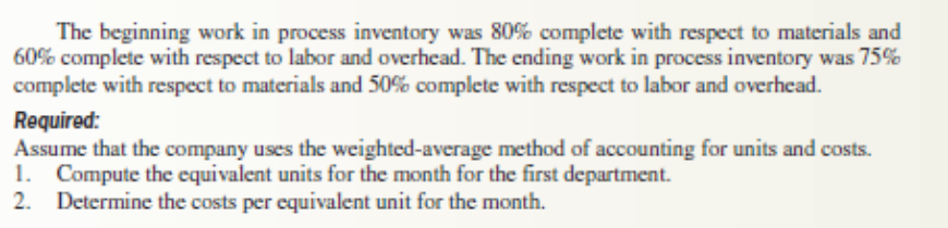 The beginning work in process inventory was 80% | Chegg.com