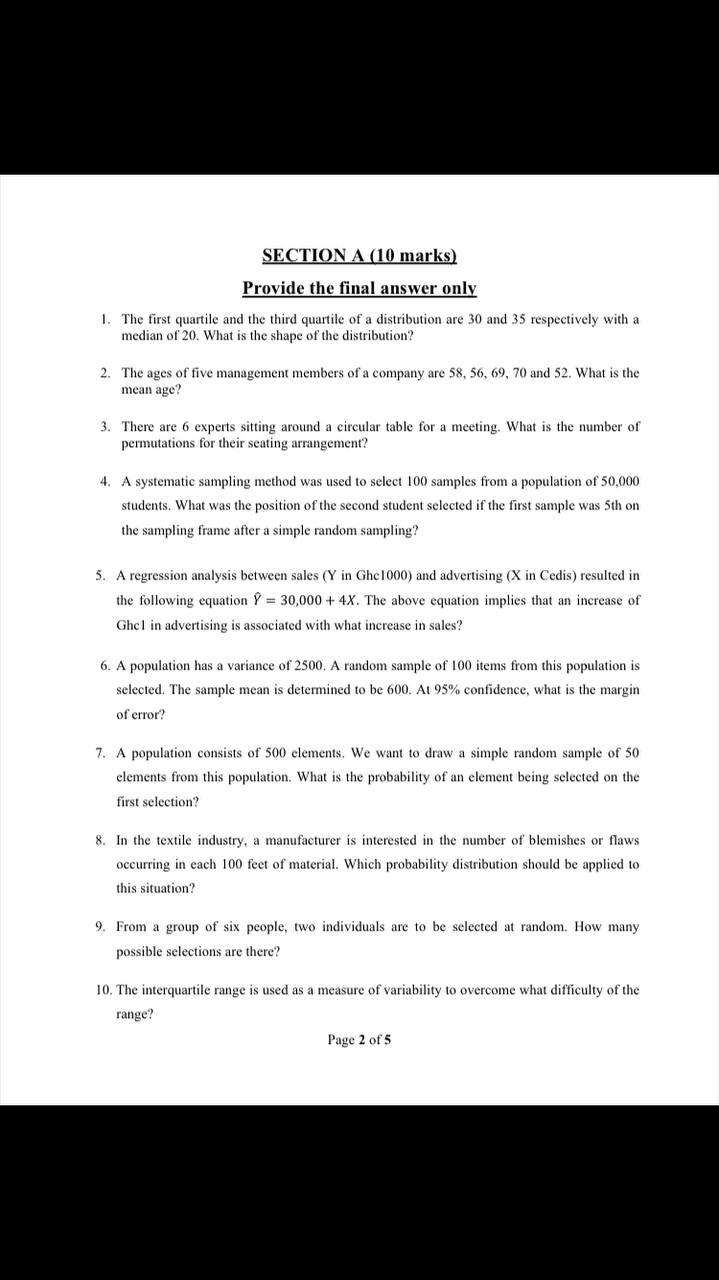 Solved SECTION A (10 marks) Provide the final answer only 1. | Chegg.com