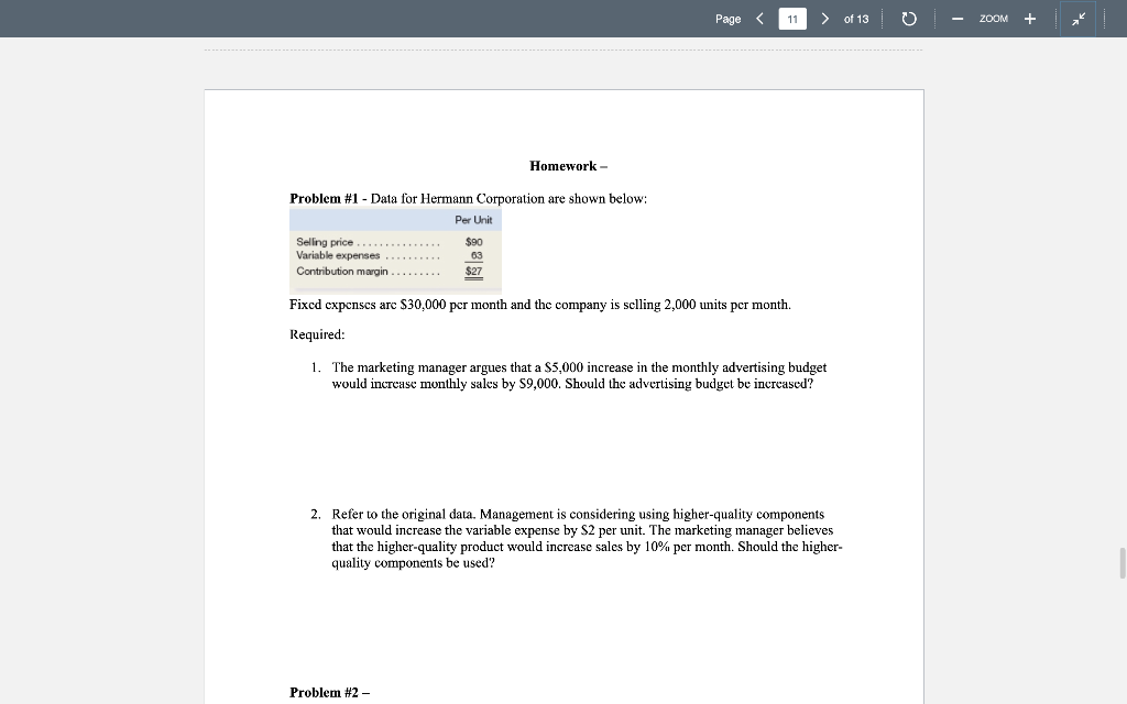 Solved Page 11 of 13 0 ZOOM Homework - Problem #1 - Data for | Chegg.com