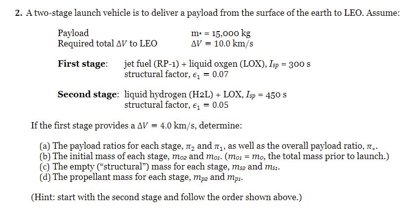 Solved A two-stage launch vehicle is to deliver a payload | Chegg.com