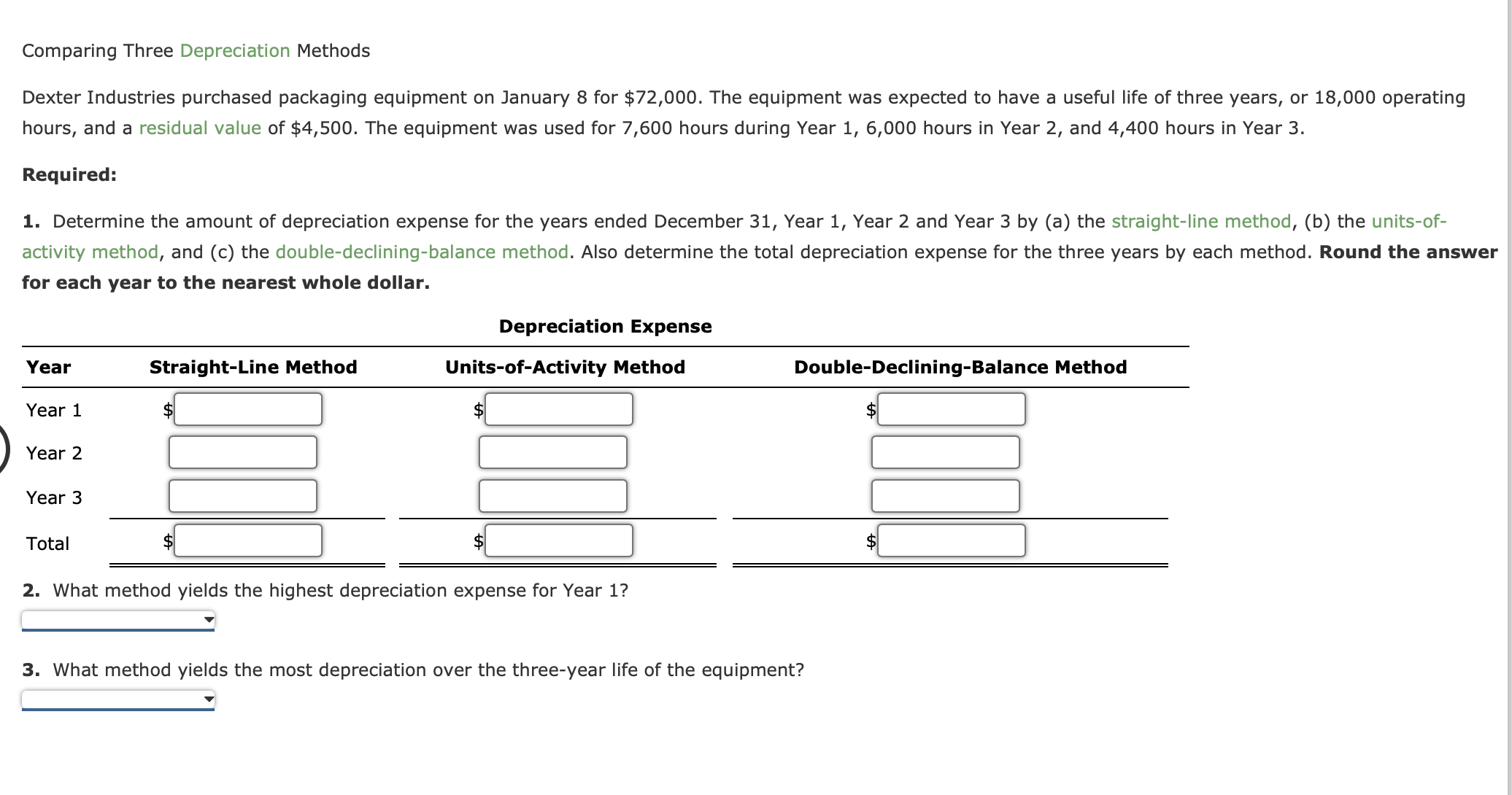 Solved Comparing Three Depreciation Methods Dexter | Chegg.com Solved Comparing Three Depreciation Methods Dexter | Chegg.com