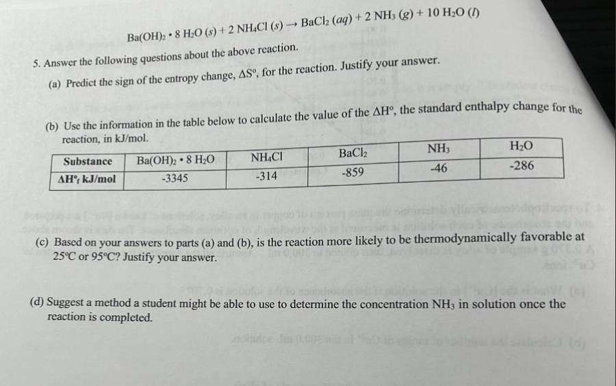 Ba(OH)2⋅8H2O(s)+2NH4Cl(s)→BaCl2(aq)+2NH3(g)+10H2O(l) | Chegg.com