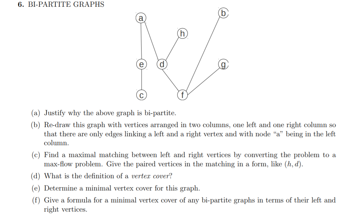 Solved 6. BI-PARTITE GRAPHS b a а. (h (a) Justify why the | Chegg.com