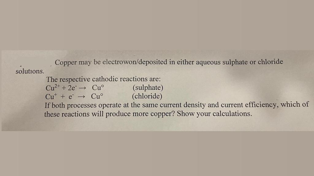 Solved Copper may be electrowon/deposited in either aqueous | Chegg.com