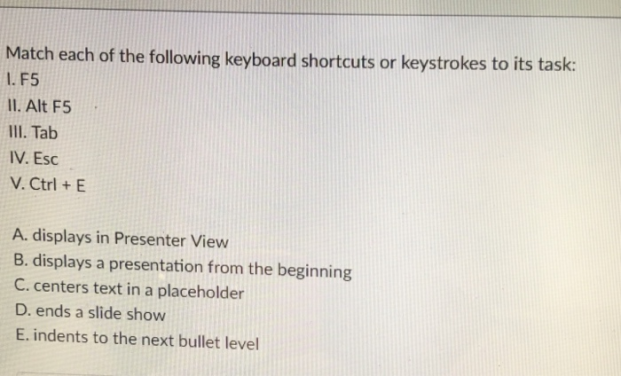Solved Match each of the following keyboard shortcuts or | Chegg.com