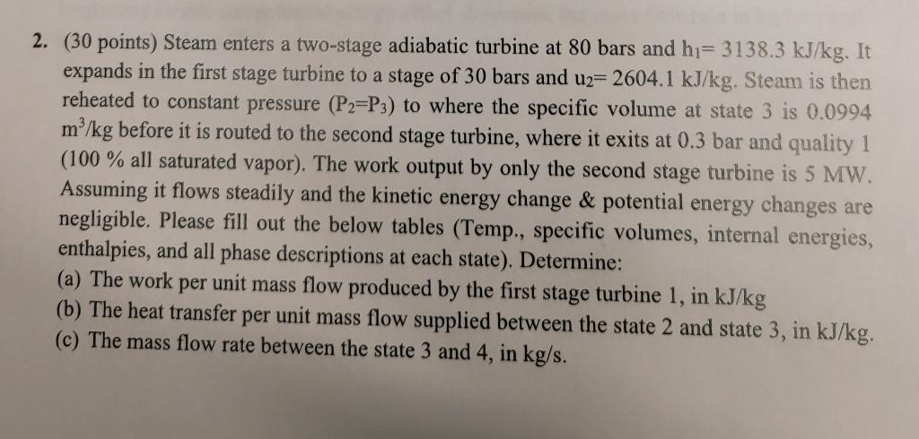Solved 2. ( 30 points) Steam enters a two-stage adiabatic | Chegg.com