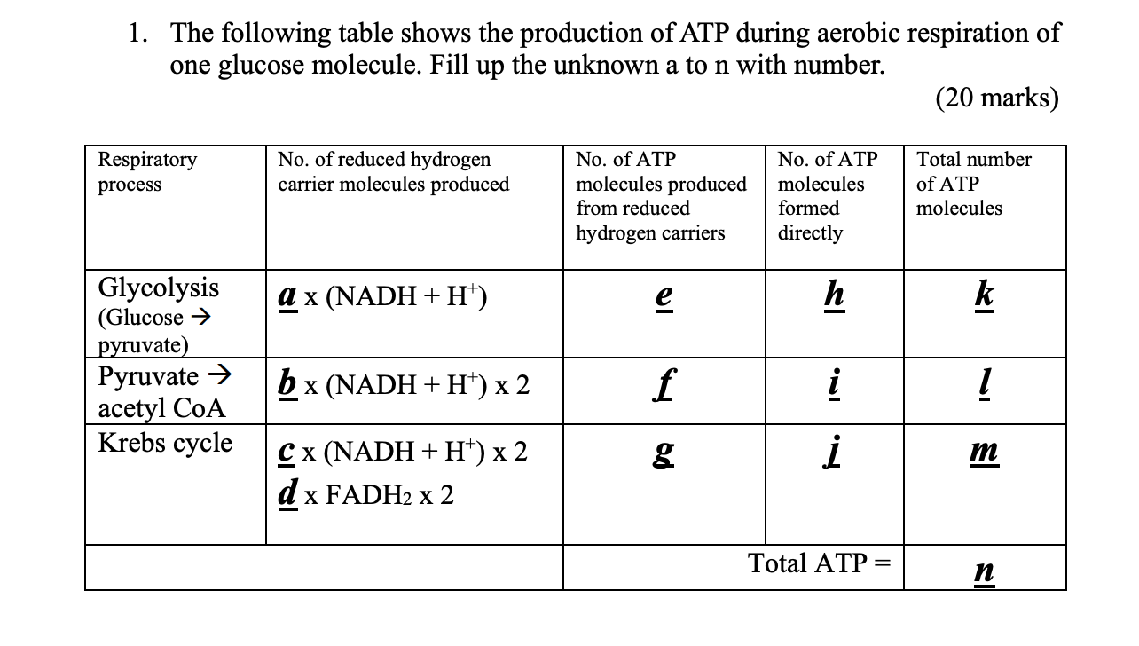 Solved 1. The following table shows the production of ATP | Chegg.com