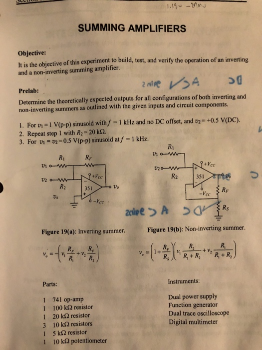 Solved SUMMING AMPLIFIERS Objective: It is the objective of | Chegg.com