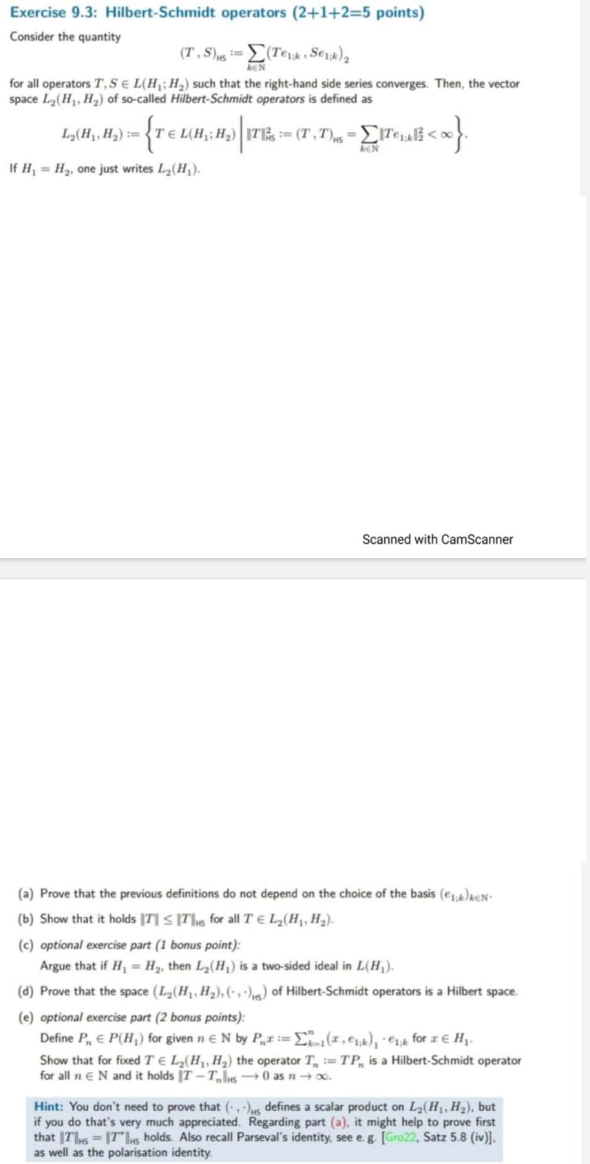 Solved Exercise 9.3: Hilbert-Schmidt operators (2+1+2=5 | Chegg.com