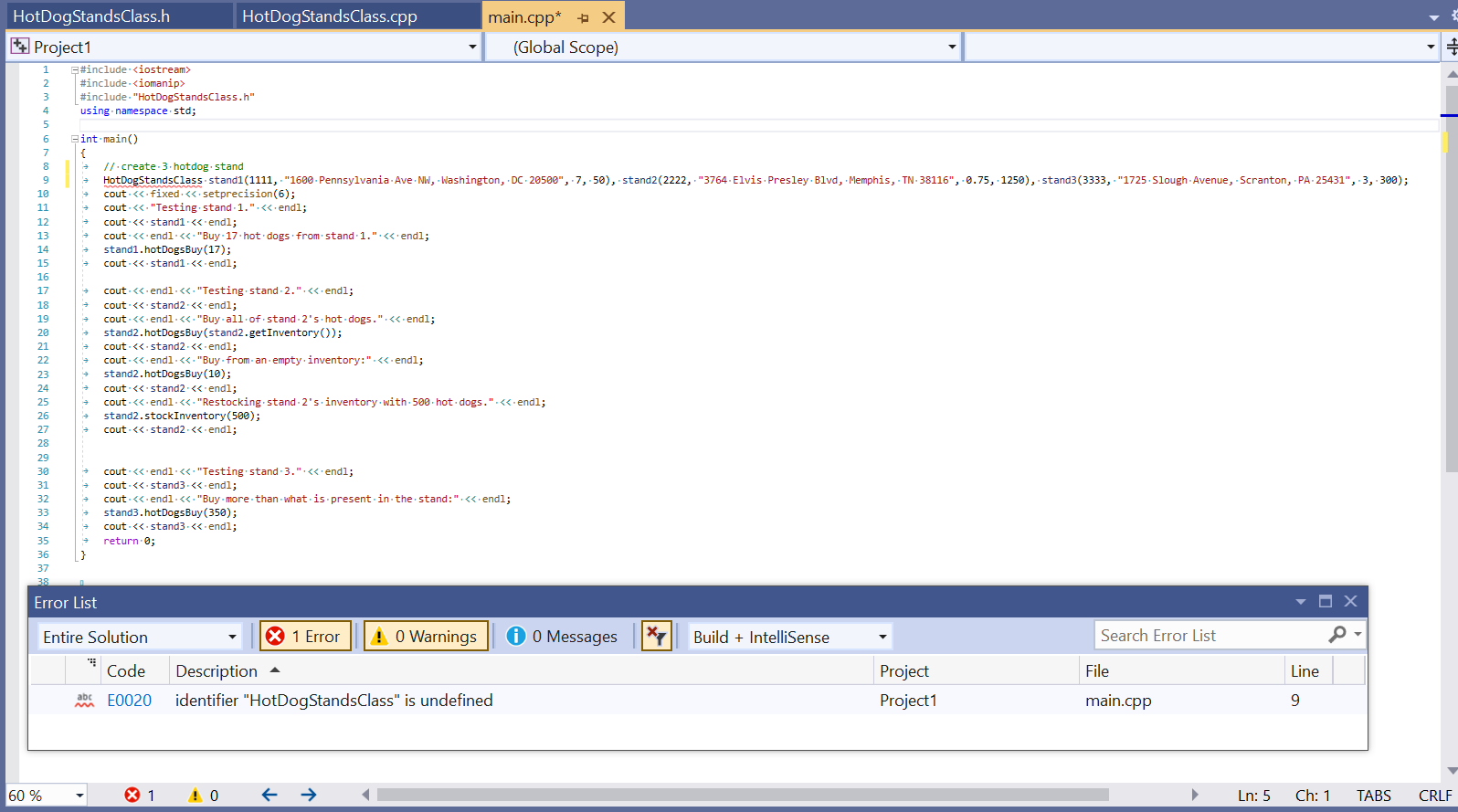 Solved HotDogStandsClass.h HotDogStandsClass.cpp main.cpp* + | Chegg.com