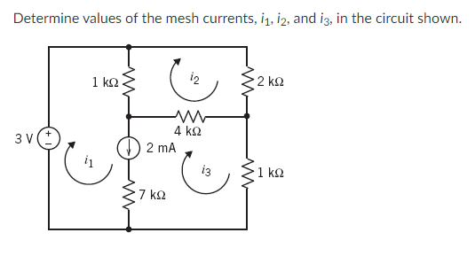Solved Determine values of the mesh currents, i1, 12, and | Chegg.com