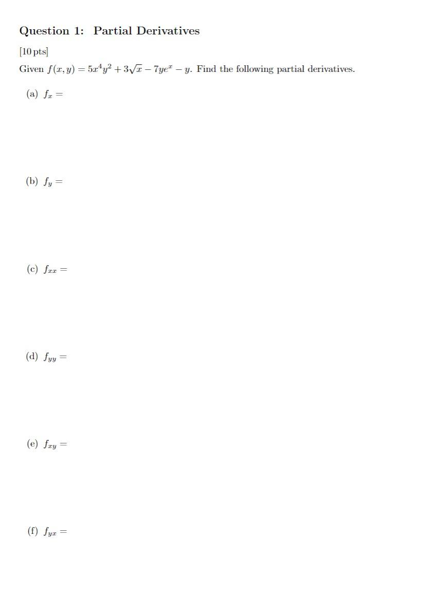Solved Question 1: Partial Derivatives [10 pts] Given f(1,y) | Chegg.com