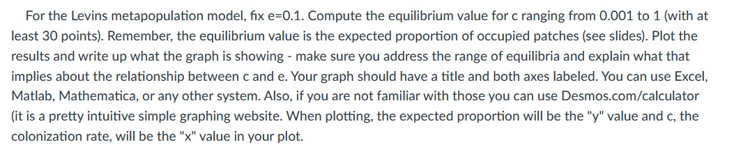 For the Levins metapopulation model, fix e=0.1. | Chegg.com