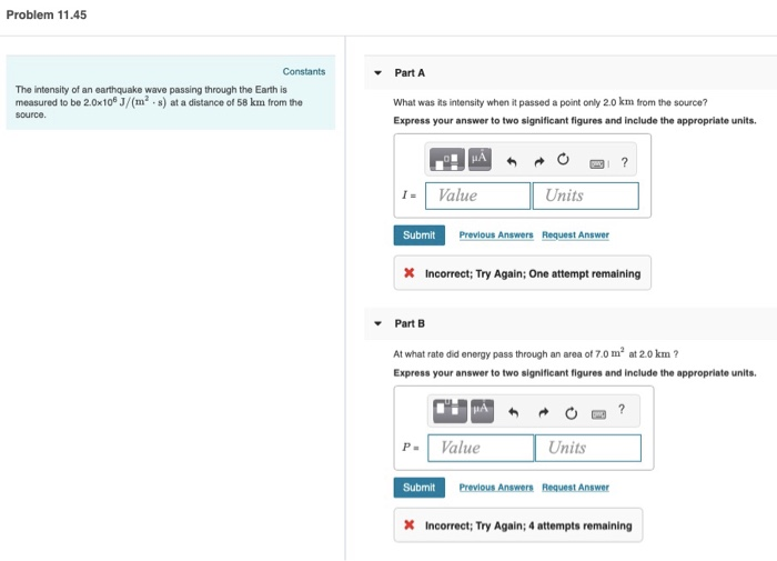Solved Problem 11.45 Constants Part A The intensity of an | Chegg.com