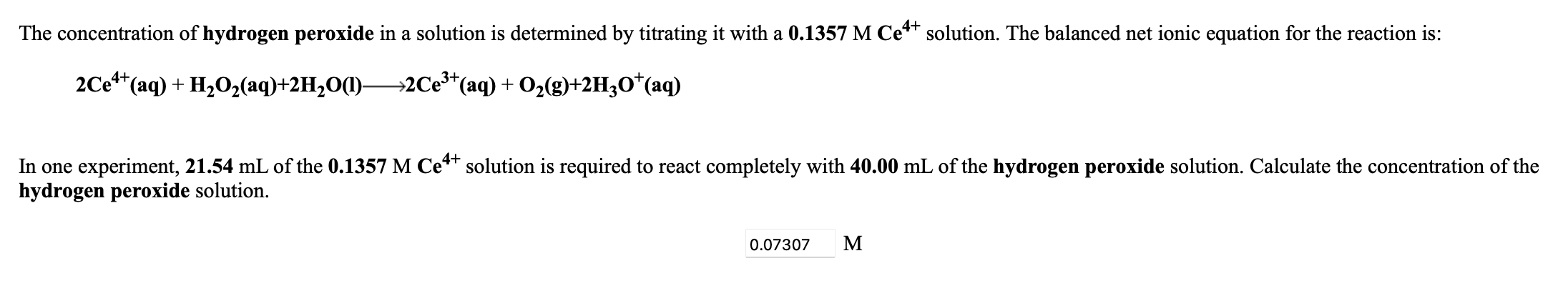 Solved 4+ The concentration of hydrogen peroxide in a | Chegg.com