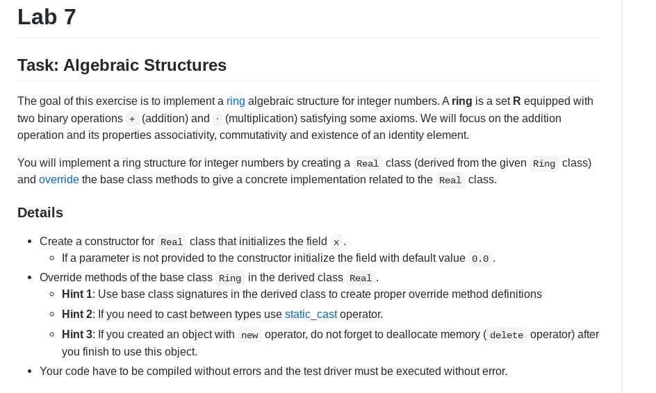 Solved C++ Task: Algebraic Structures The goal of this | Chegg.com