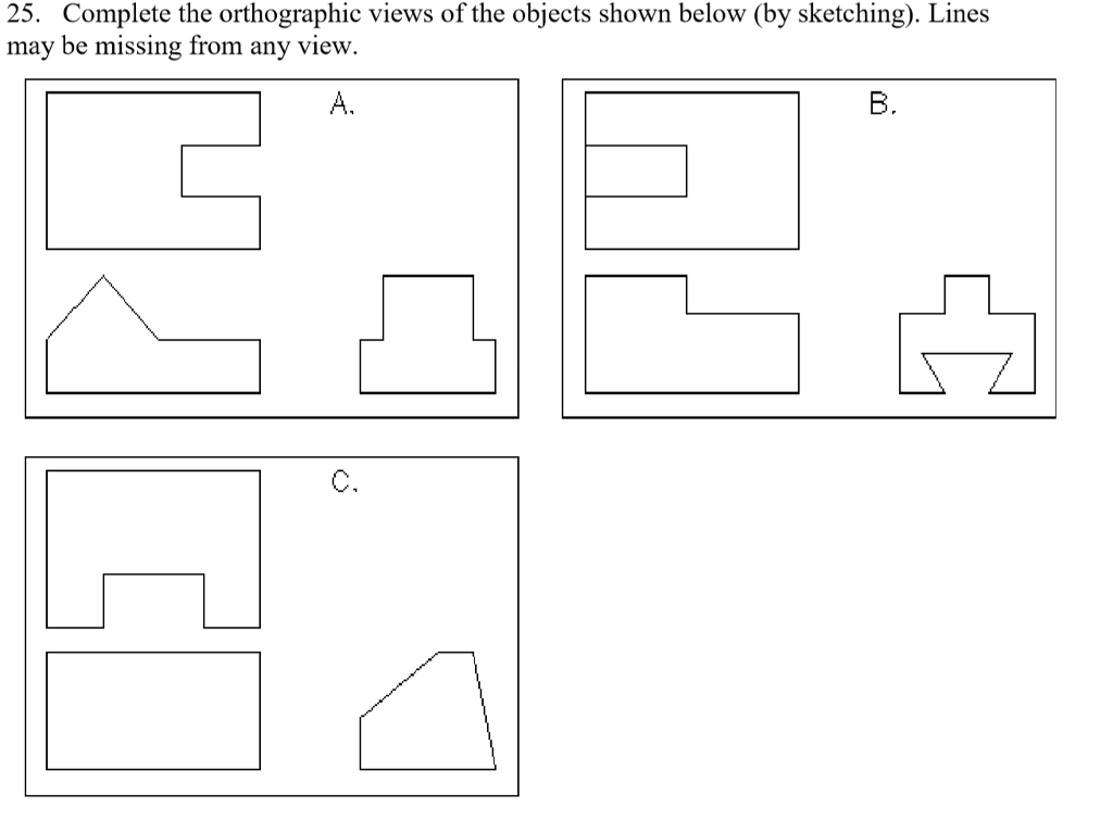 Solved 25. Complete the orthographic views of the objects | Chegg.com