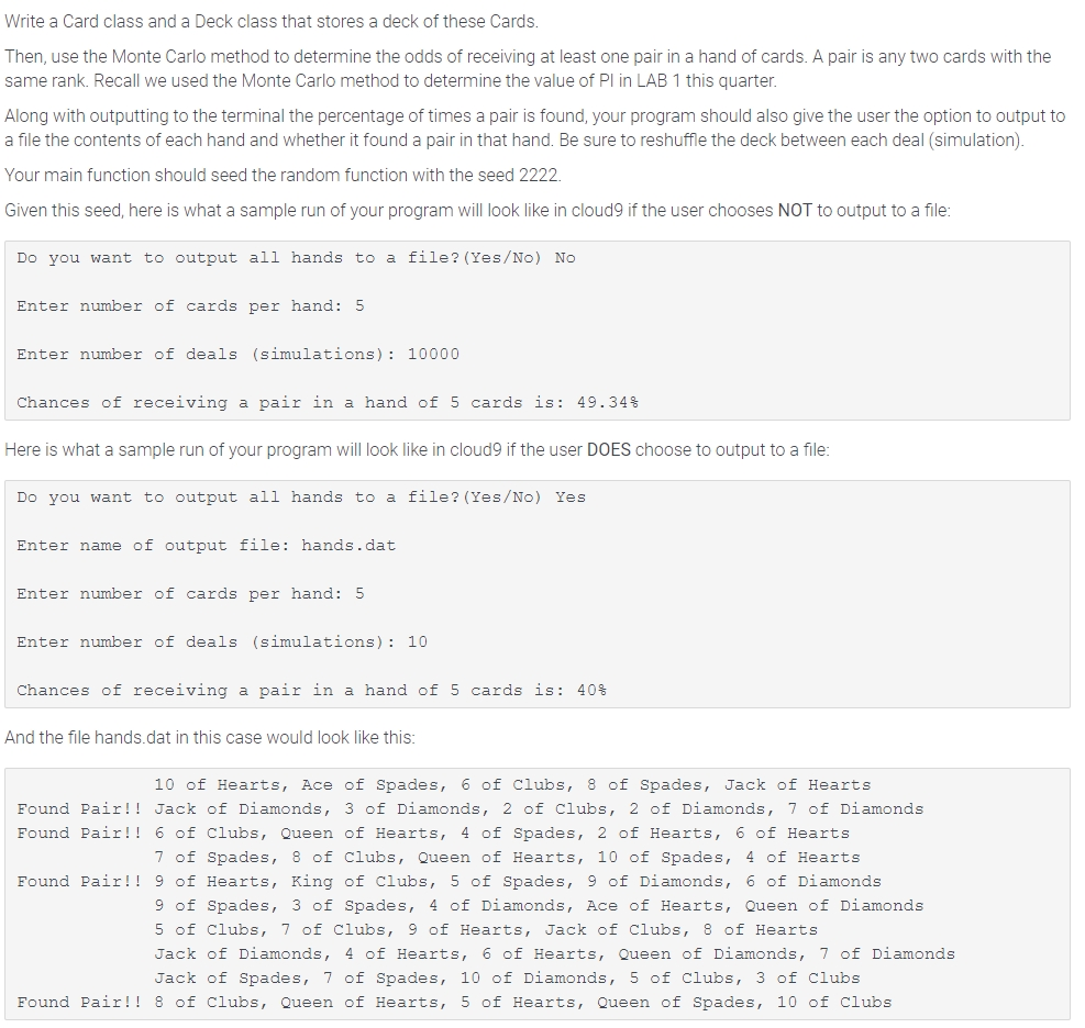 Solved Write a Card class and a Deck class that stores a | Chegg.com