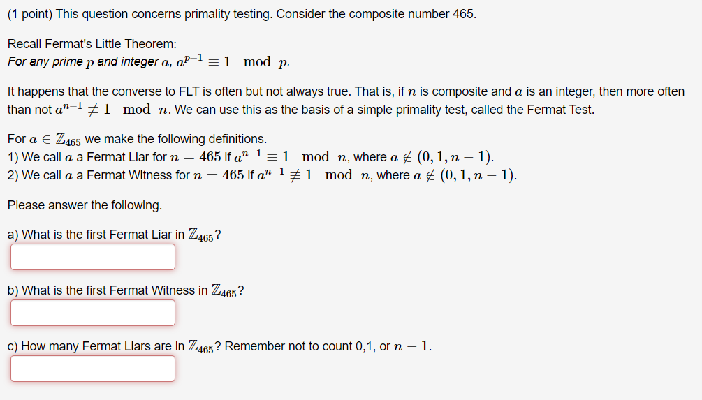 1 Point This Question Concerns Primality Testing